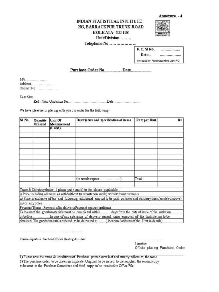Annex-4 Format of Purchase Order | Invoice | Payments