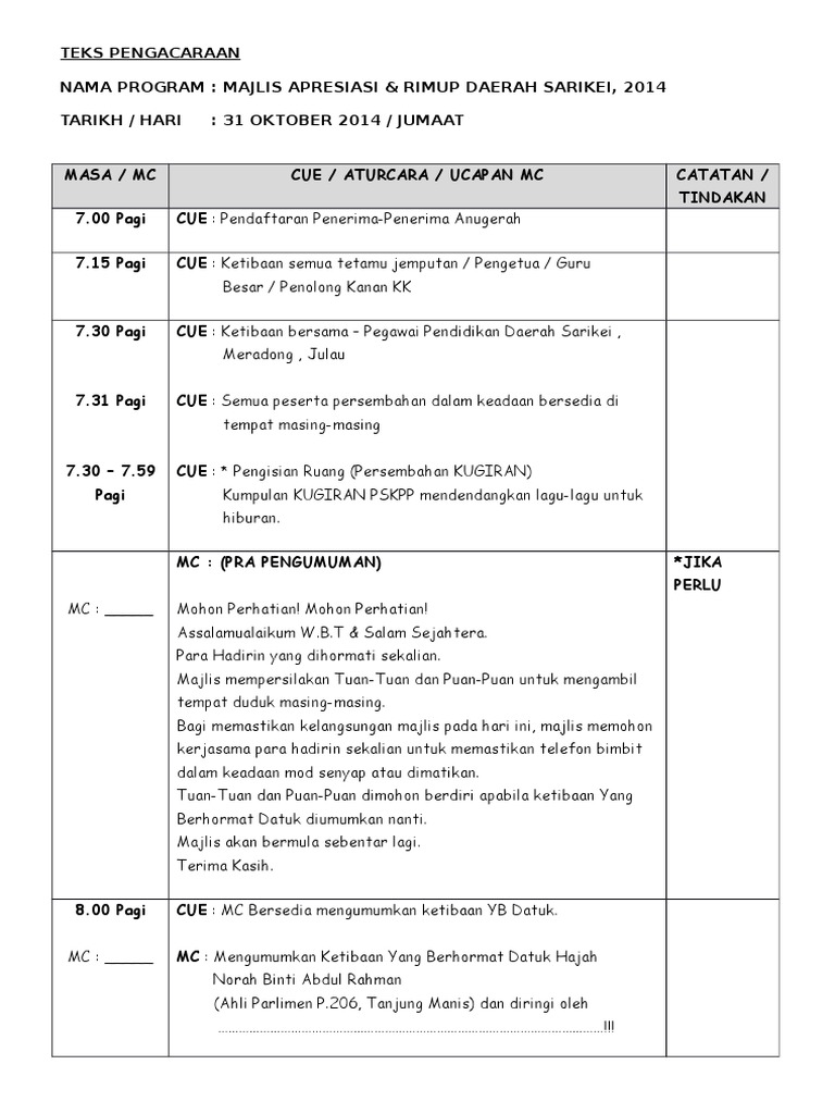 Skrip Penuh Emcee Majlis Apresiasi 2014 | PDF