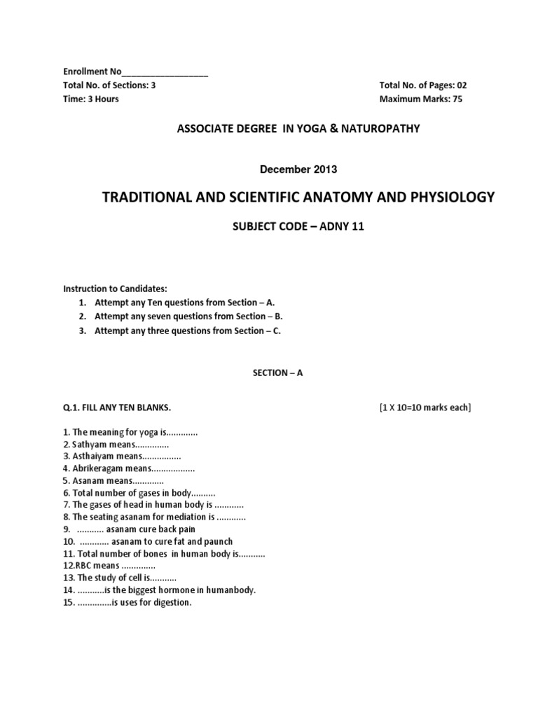 Asoc Degree in Naturopathy Question Paper | PDF | Asana | Medicine