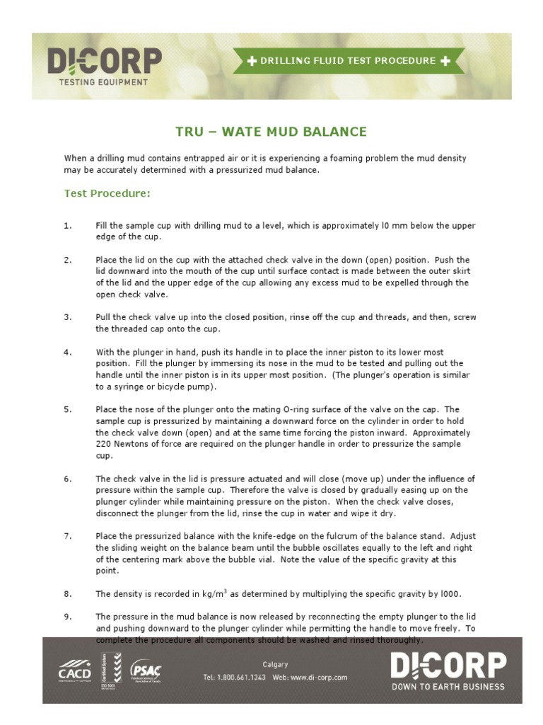Pressurized Mud Balance Test Procedure | PDF