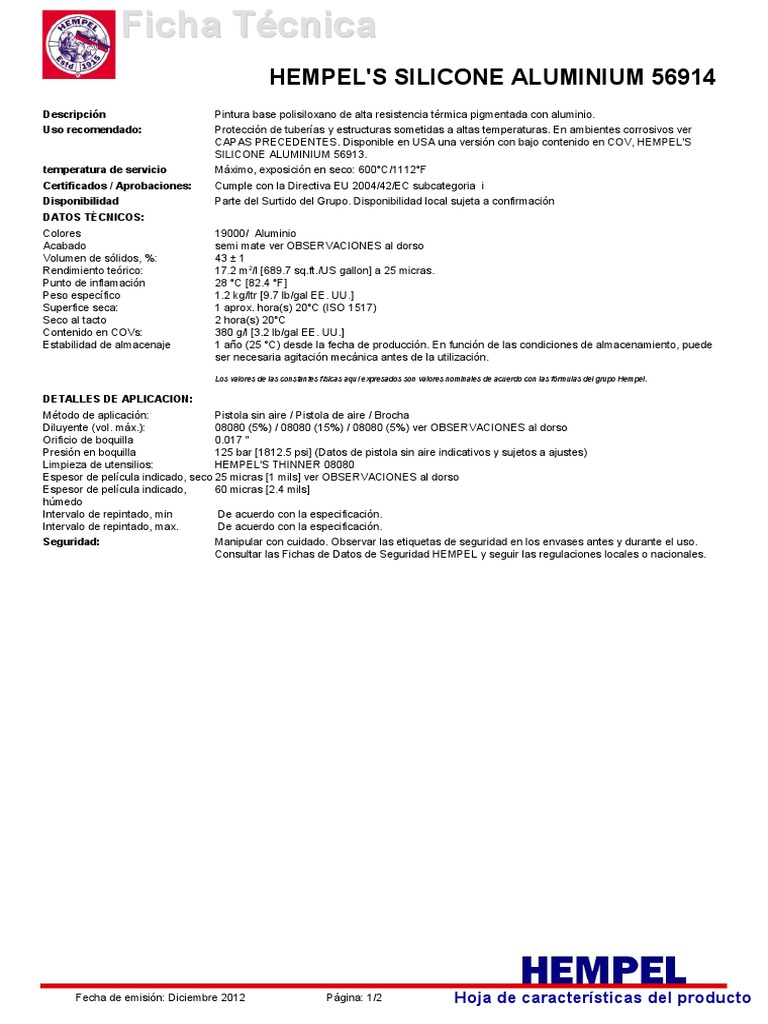 PDS HEMPEL'S SILICONE ALUMINIUM 56914 es-ES PDF | PDF | Revestimiento | Pintar