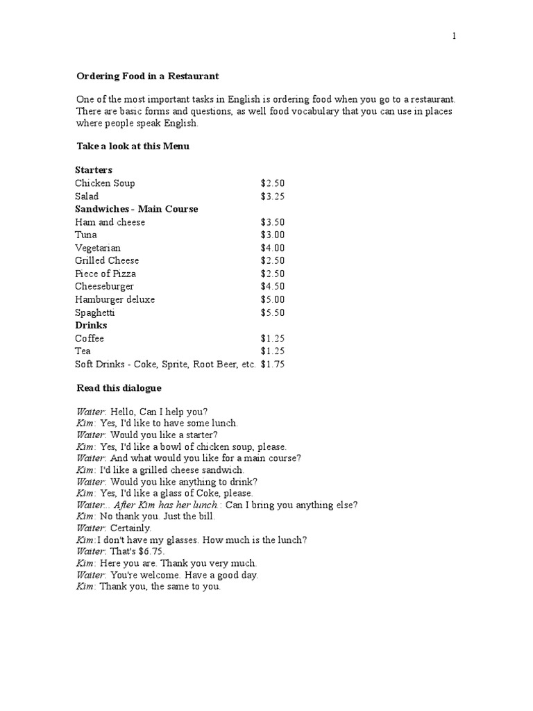 Ordering Food in a Restaurant Guide | PDF | Lunch | Drink