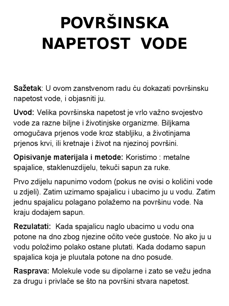 Površinska Napetost Vode | PDF