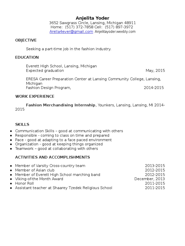 Anjelita Yoder's Fashion Resume | PDF