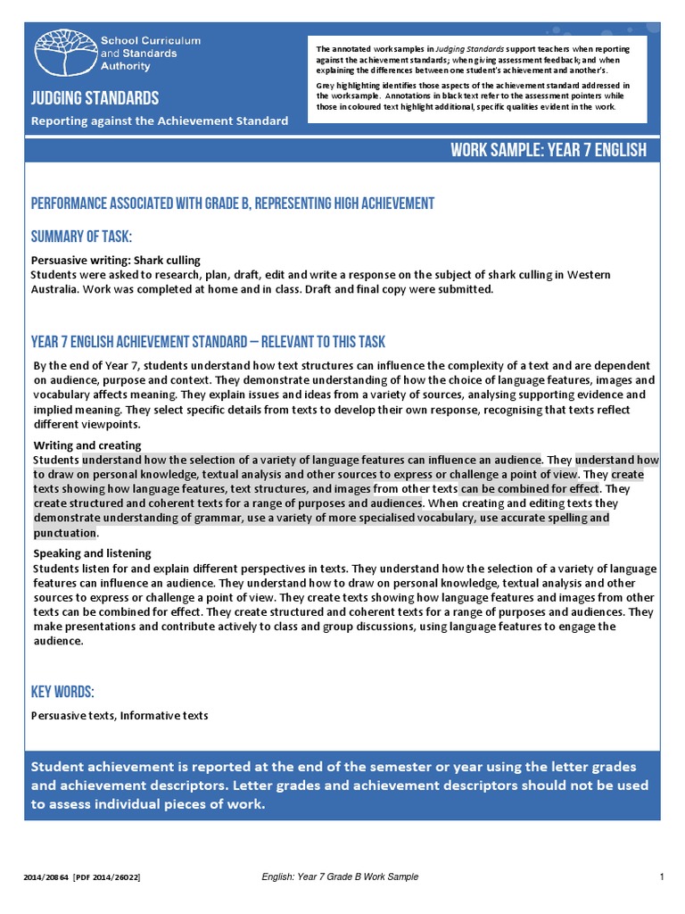 Judging Standards Work Sample: Year 7 English | PDF | Educational ...