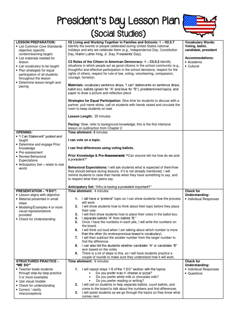 Presidents' Day Lesson Plan for Students | PDF | Subtraction | Teaching