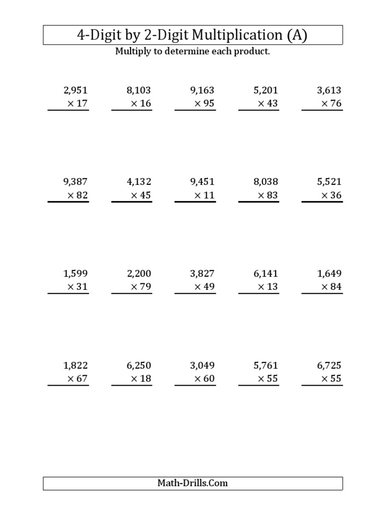 4-Digit by 2-Digit Multiplication (A) | PDF | Multiplication ...