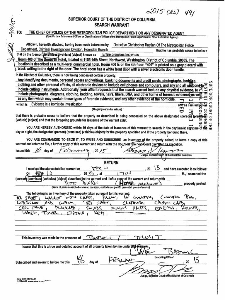 Search Warrant Affidavit - Donovan Hotel Homicide | PDF