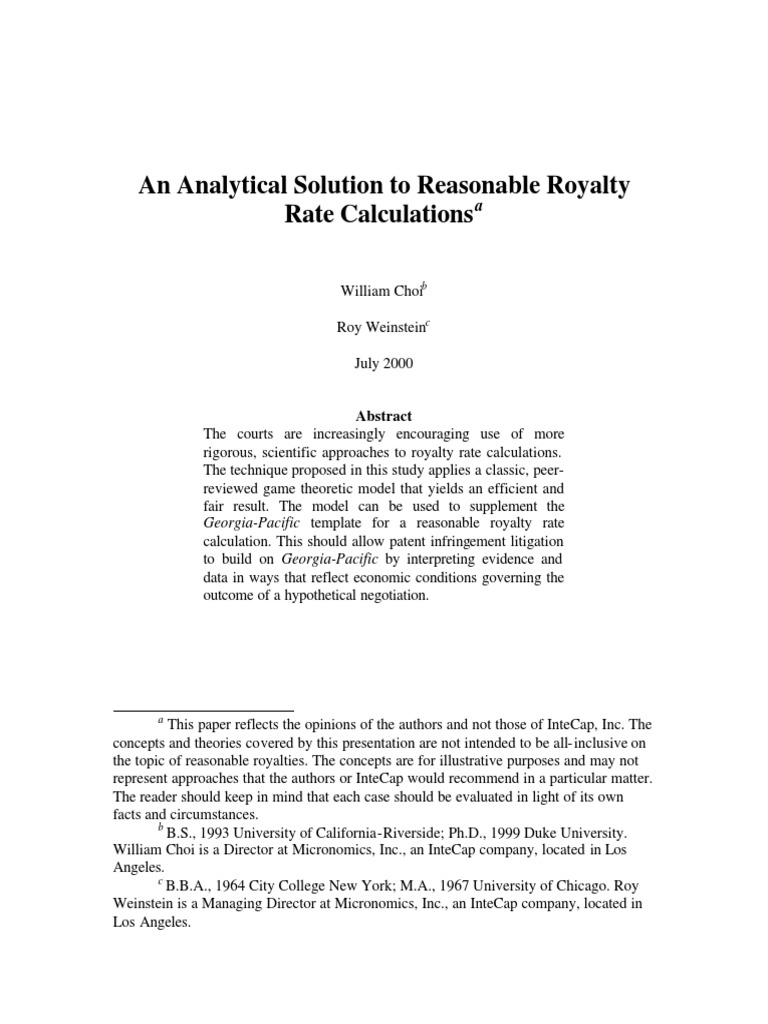 An Analytical Solution To Reasonable Royalty Rate Calculations ...