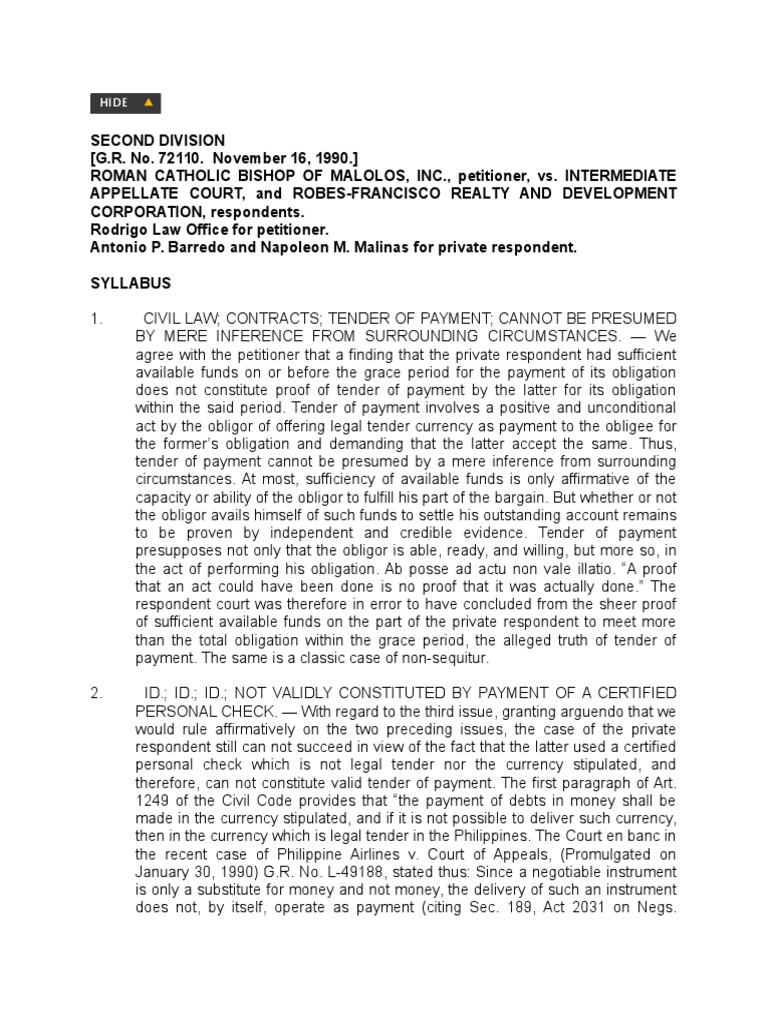 Roman Catholic Bishop of Malolos Vs Iac - Payment | PDF | Legal Tender ...
