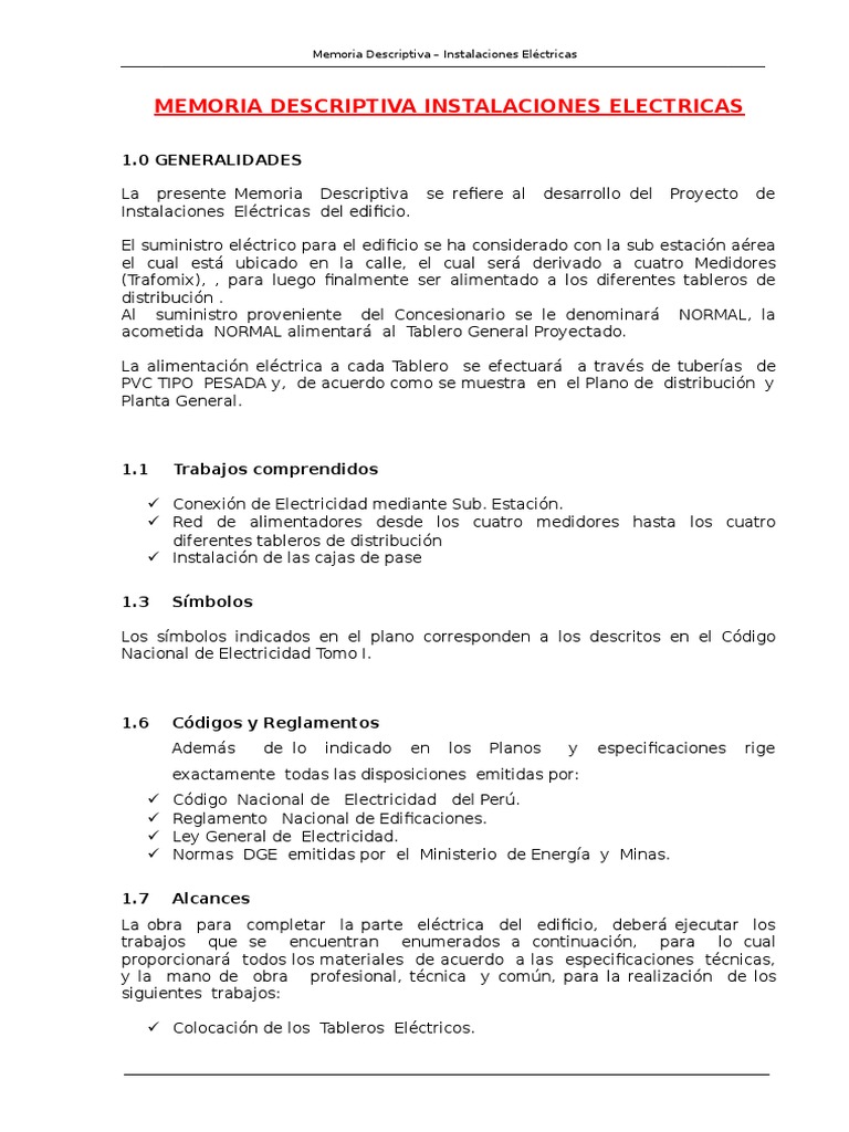 Memoria Descriptiva Instalaciones Electricas | PDF | Memoria del ordenador | Electricidad
