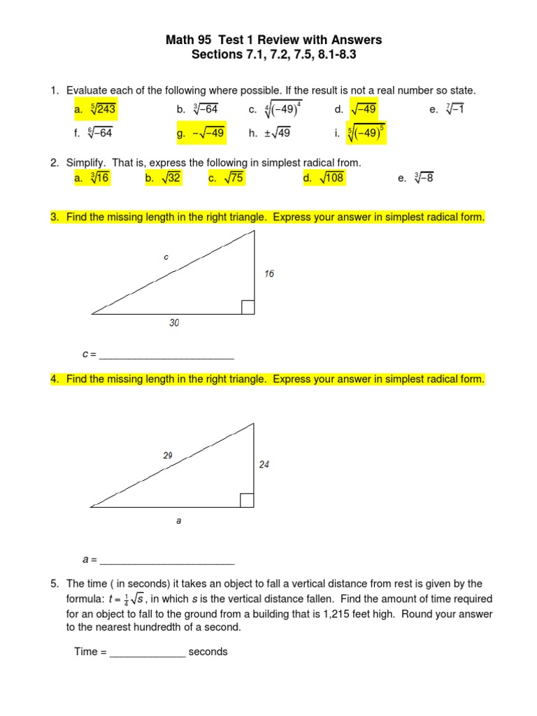 Math 95 Test 1 Review With Answers Sections 7.1, 7.2, 7.5, 8.1-8.3 ...