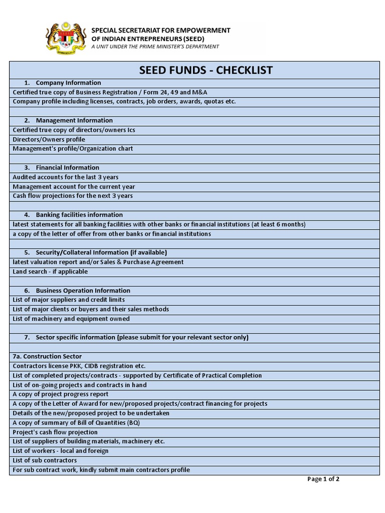Seed Funds Application Checklist | PDF | Finance & Money Management