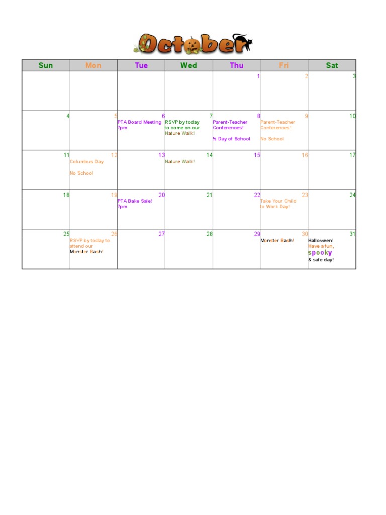 October School Events Calendar | PDF