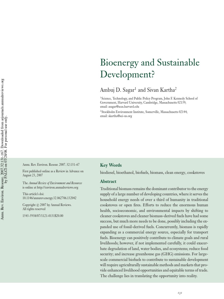 Bioenergy and Sustainable Development?: Ambuj D. Sagar and Sivan Kartha ...