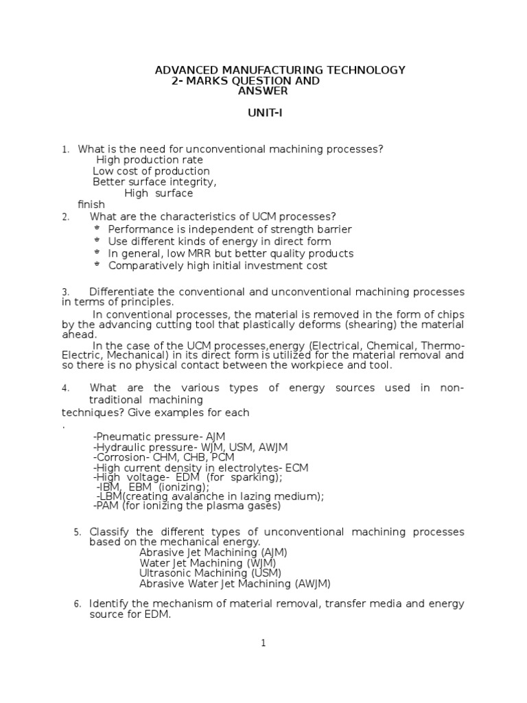 Advanced Manufacturing Technology 2-Marks Question and Answer Unit-I ...