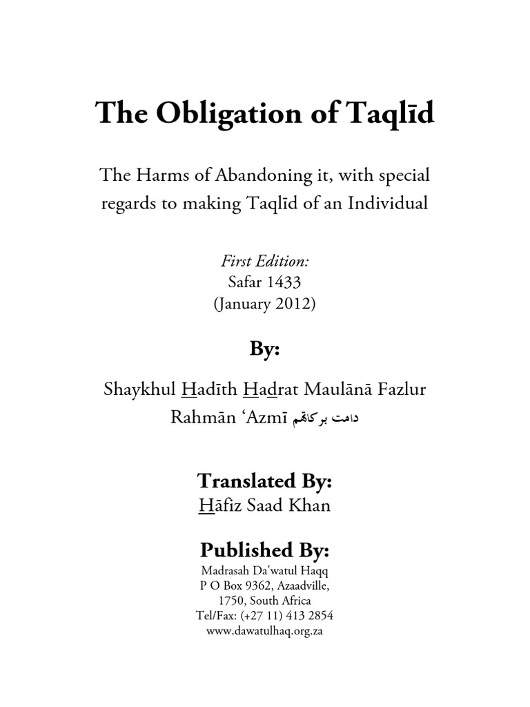 The Obligation of Taqlîd | PDF | Hadith | Quran