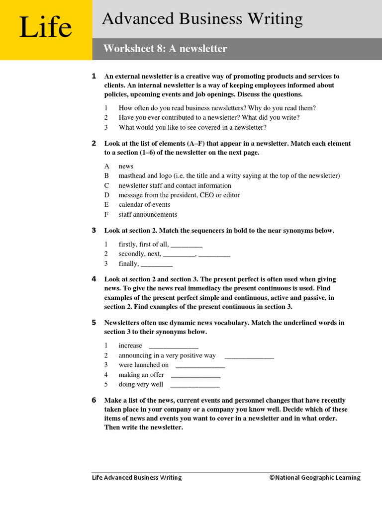 Advanced Business Writing: Worksheet 8: A Newsletter | PDF | Leisure