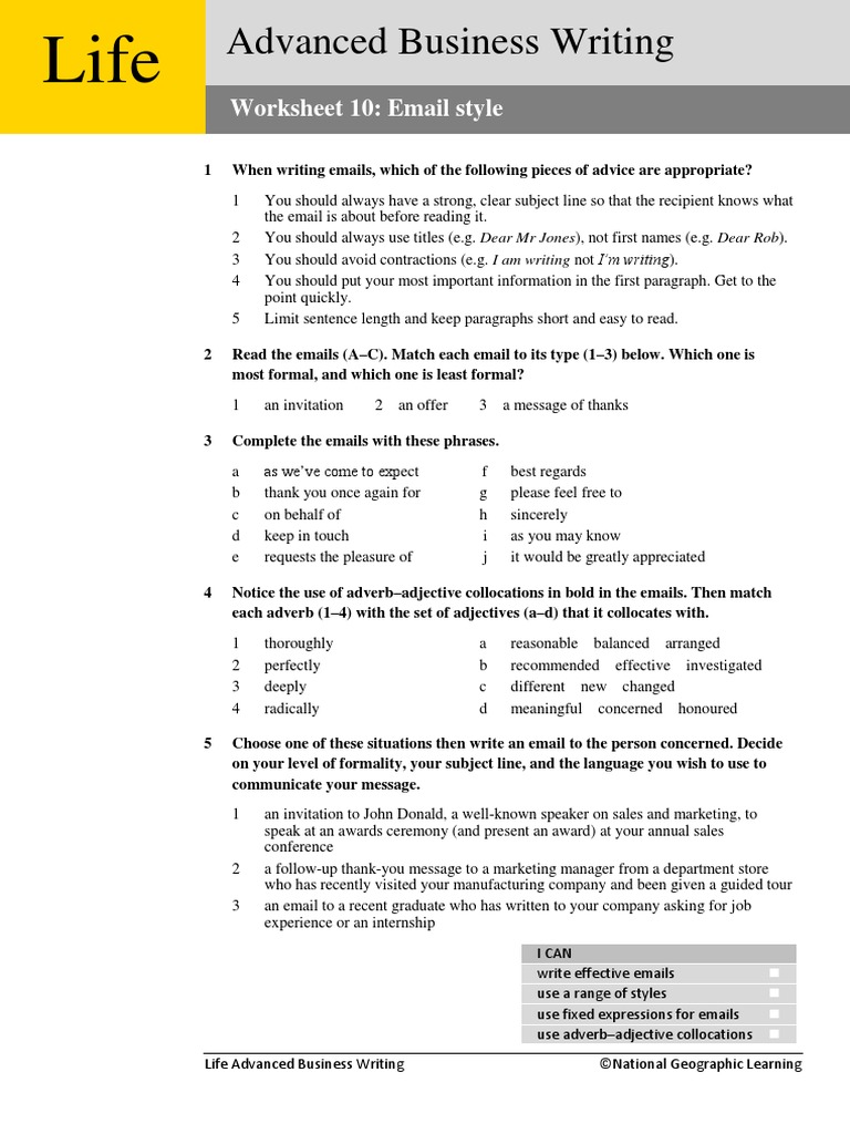 Advanced Business Writing: Worksheet 10: Email Style | PDF | Email