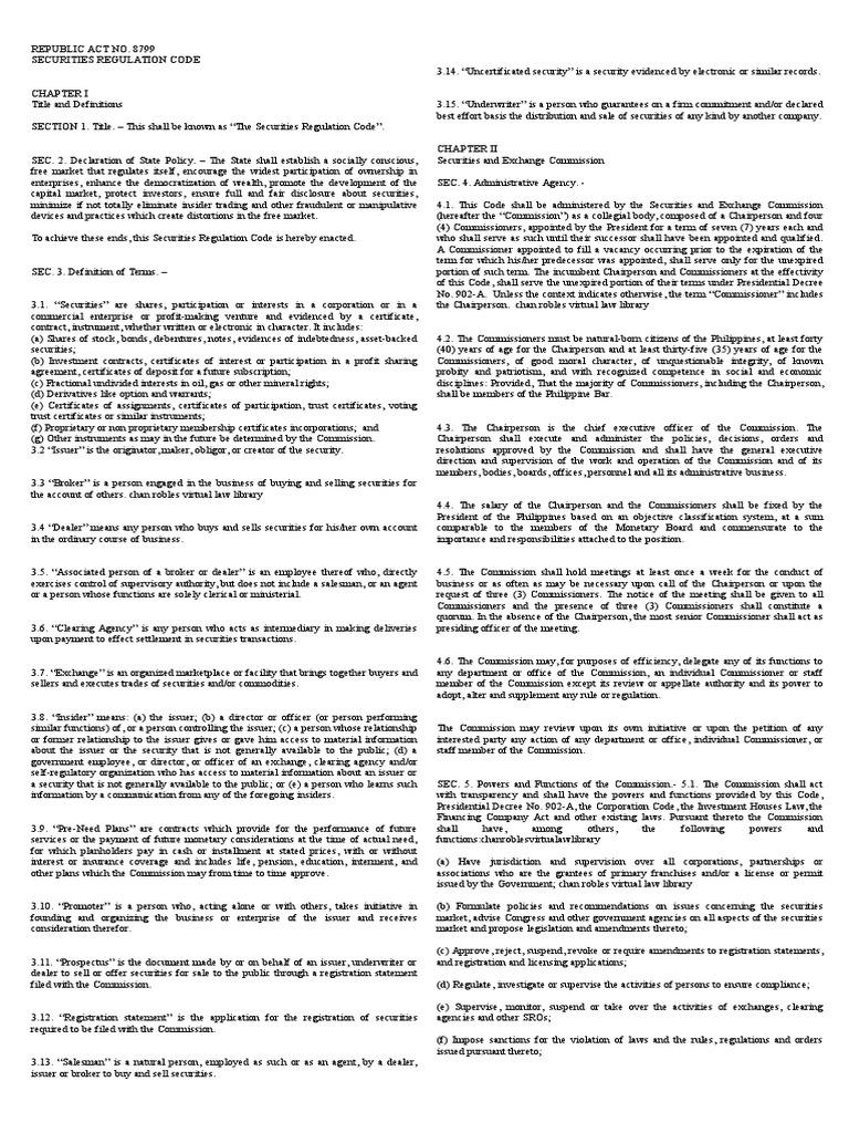 SECURITIES REGULATION CODE | PDF | Securities (Finance) | U.S ...