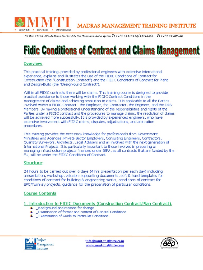 Fidic Condition of Contract and Claims Management Course Outline ...