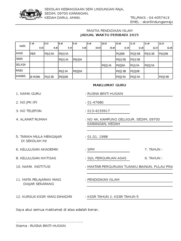 Borang Maklumat Guru Panitia Sendiri | PDF