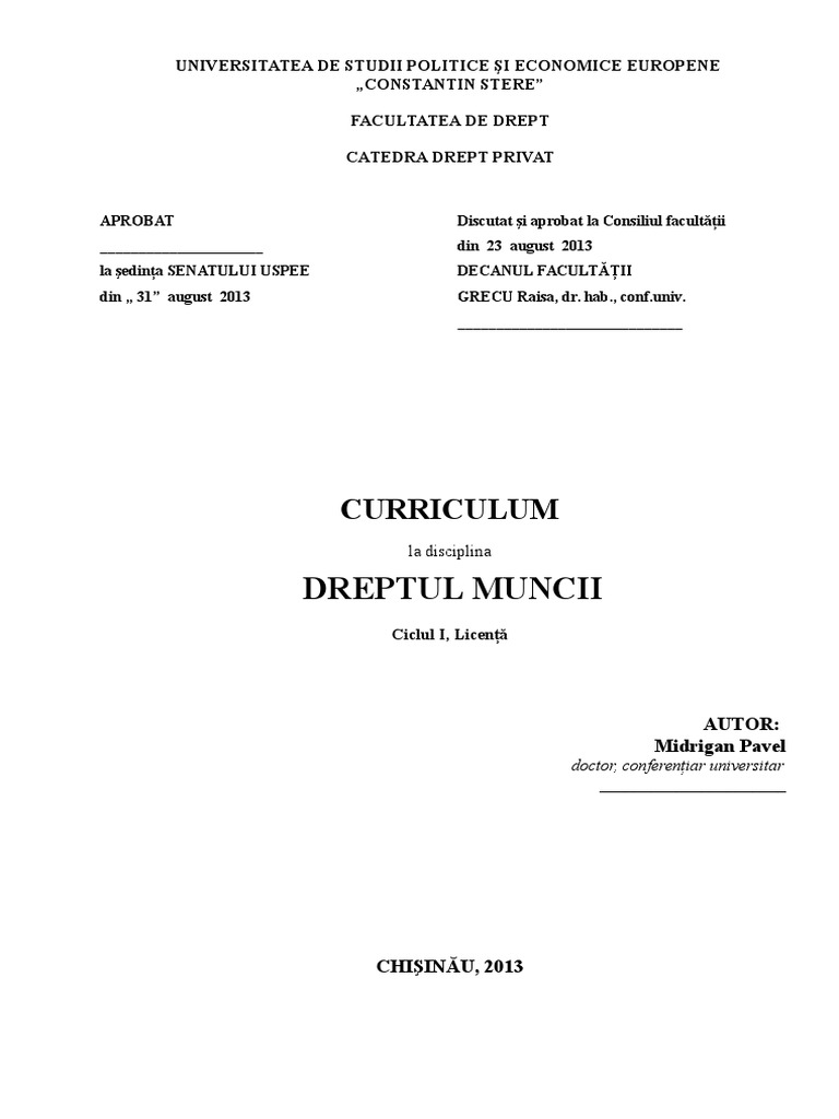 Curriculum Dreptul Muncii | PDF