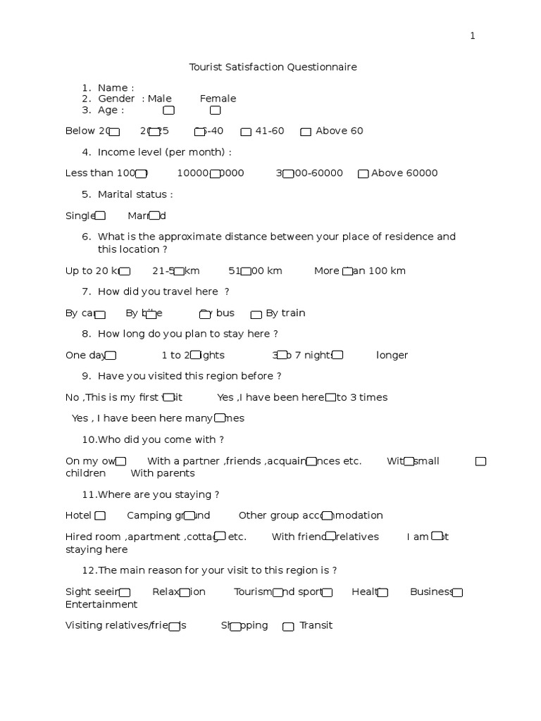 Tourist Satisfaction Project Questionnaire | PDF | Tourism | Service ...
