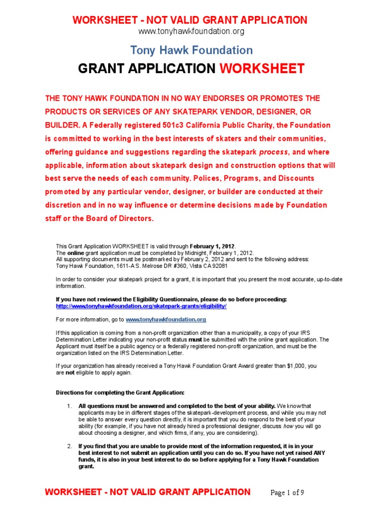 Tony Hawk Foundation Grant Worksheet | PDF | Grant (Money) | Nonprofit ...