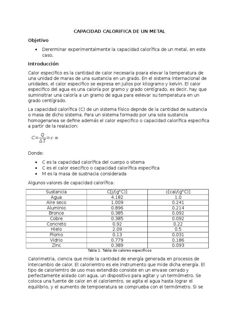 Capacidad Calorifica de Un Metal | PDF | Capacidad calorífica | Calor