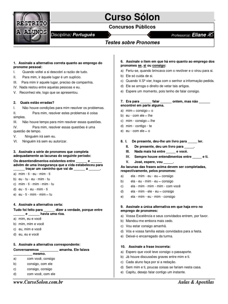 Portugues Pronomes Exercícios | PDF | Pronome | Unidades semânticas