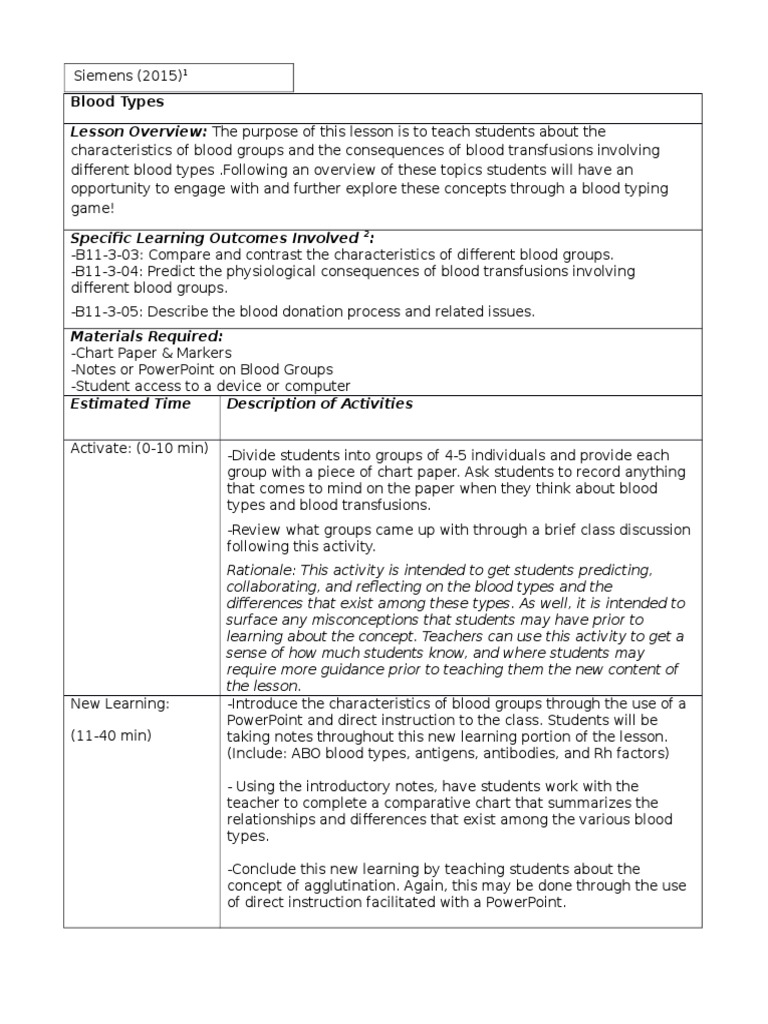 Blood Types Lesson Plan | Download Free PDF | Blood Type | Learning