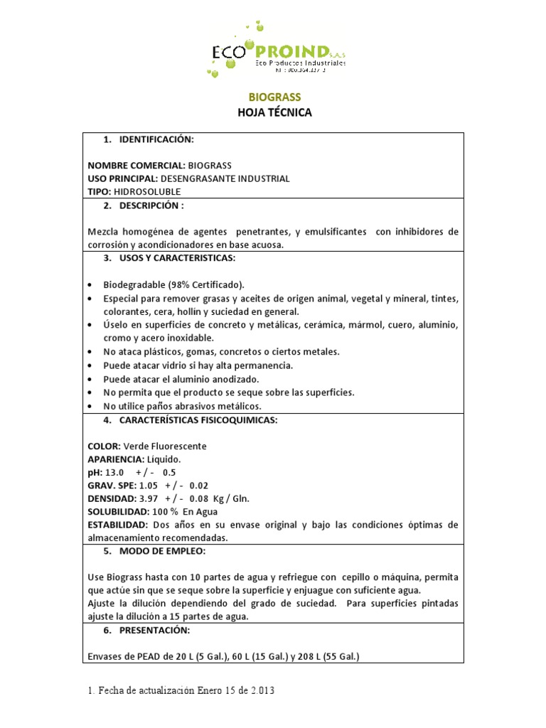Biograss: Desengrasante Industrial Ecológico | PDF
