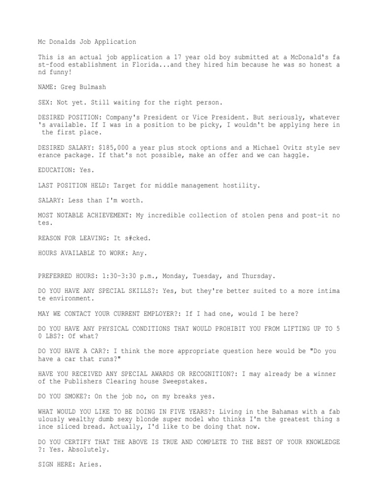 Humorous McDonald's Job Application | PDF