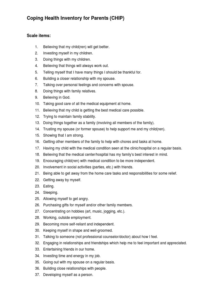 Coping Health Inventory for Parents (CHIP) | PDF | Friendship | Hospital