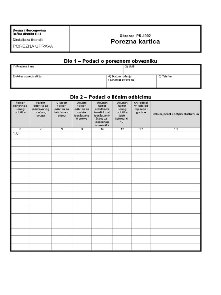 DFPU Obrazac PK 1002 Porezna - Kartica B | PDF