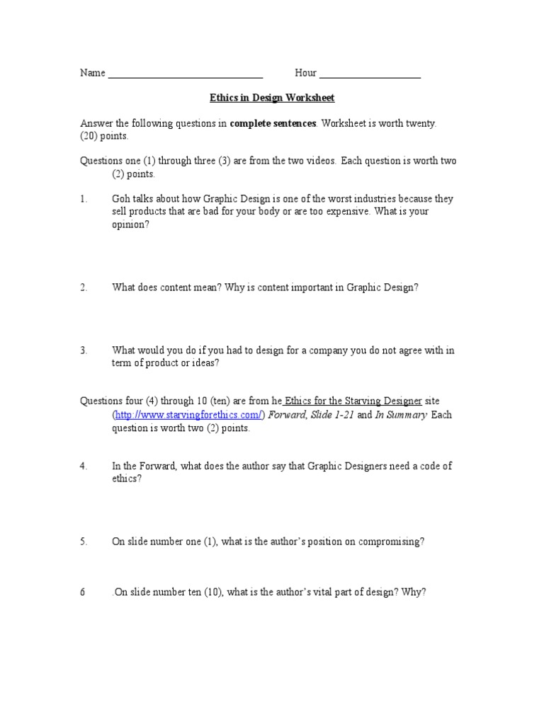 Ethics in Design Worksheet | PDF