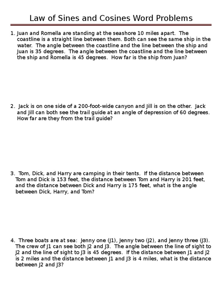Law of Sines and Law of Cosines Word Problems | PDF | Trigonometric ...