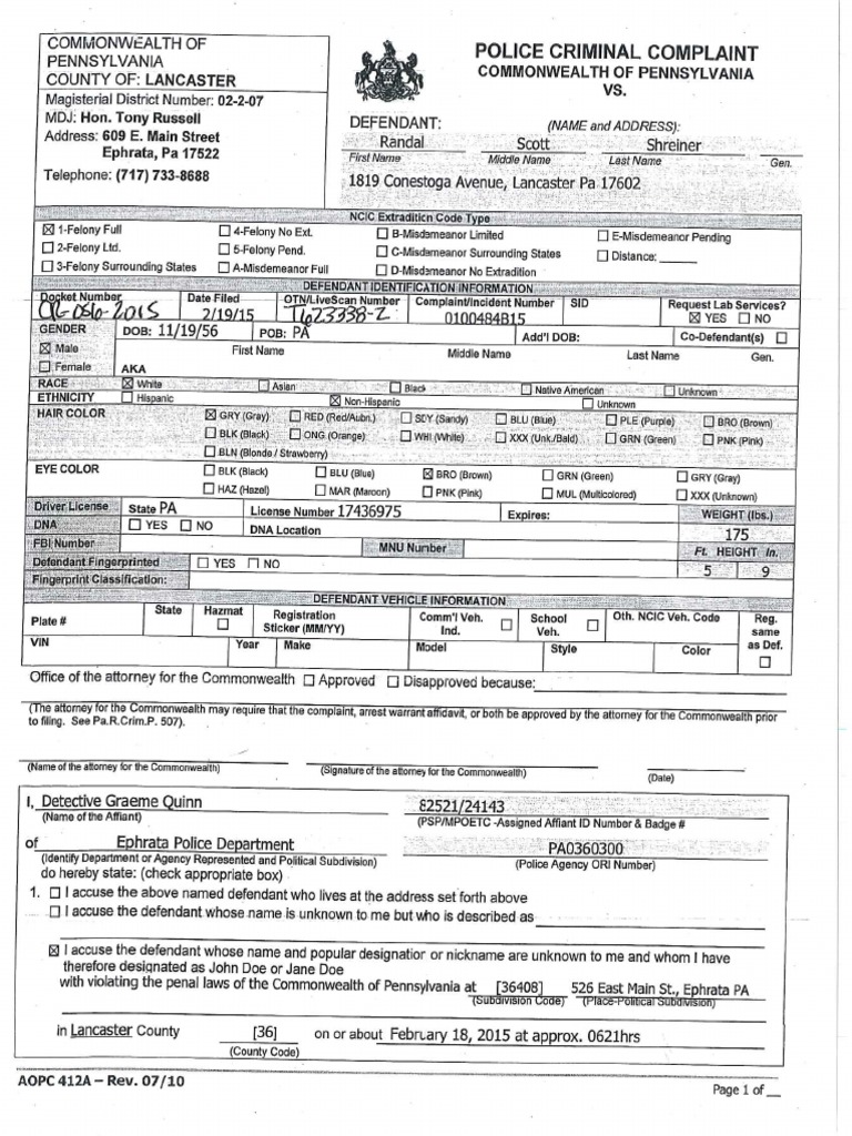 Charging Documents For Randall Shreiner | PDF