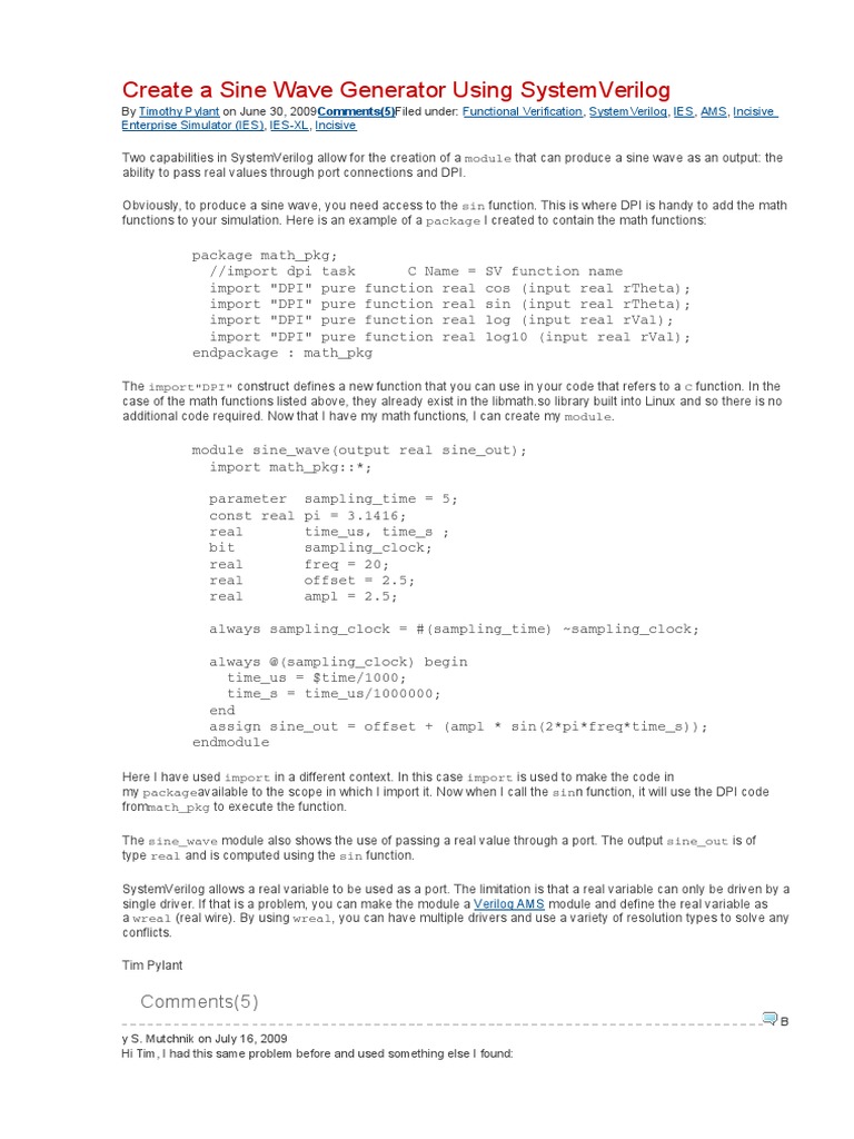 Create A Sine Wave Generator Using SystemVerilog | PDF | Sine | Function (Mathematics)
