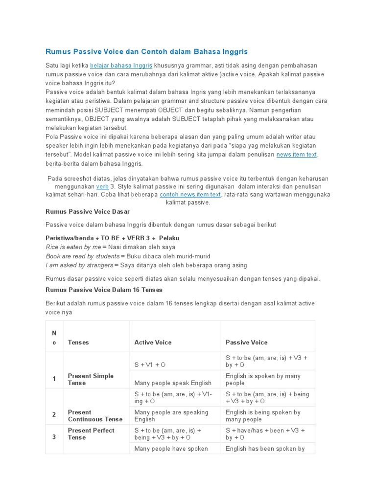 Rumus Lengkap Passive Voice Inggris | PDF | Bahasa Indonesia | Tense ...