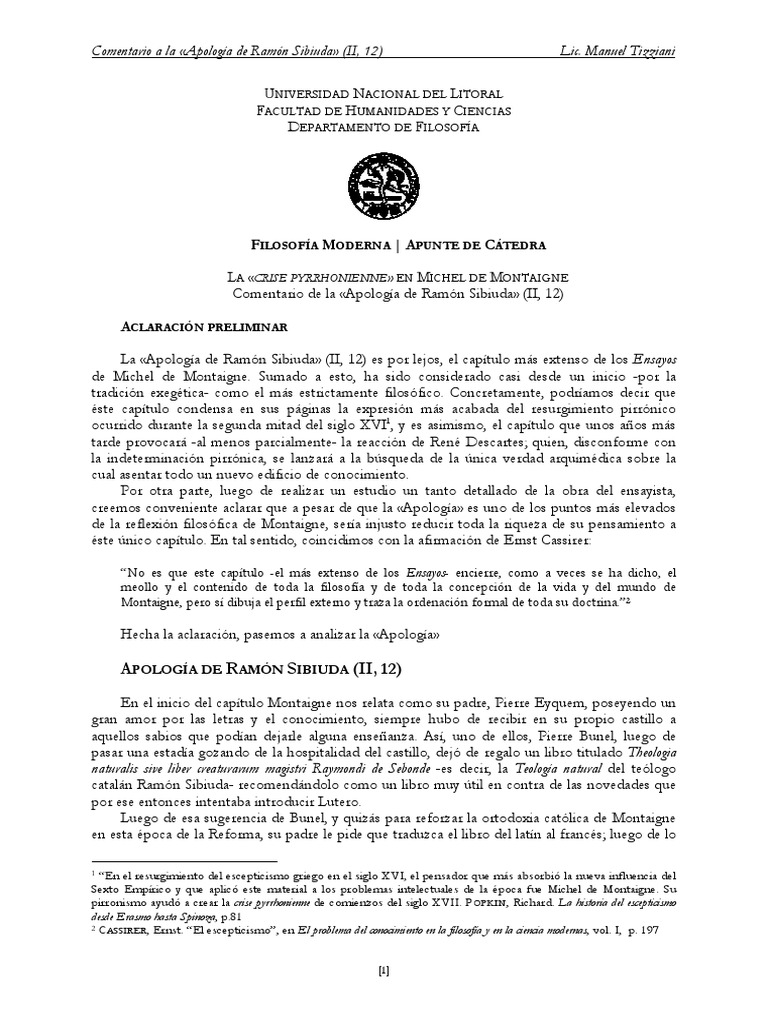 Tizziani - Comentario A La Apología de Ramón Sibiuda | PDF | Michel De ...