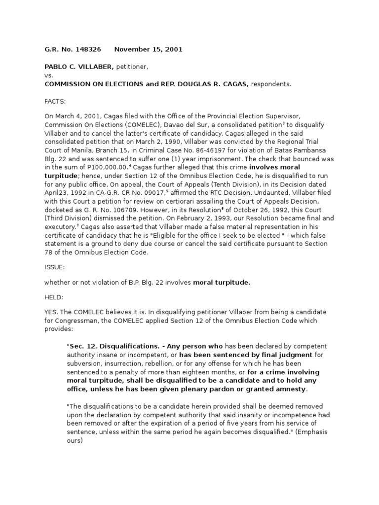 Villaber Vs COMELEC | Download Free PDF | Moral Turpitude | Crime ...