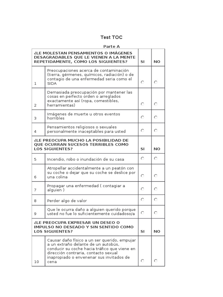 Test TOC | PDF | Desorden obsesivo compulsivo | Bienestar