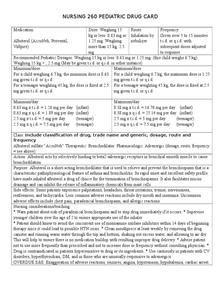Albuterol Pediatric Drug Card | PDF | Dose (Biochemistry) | Chemistry