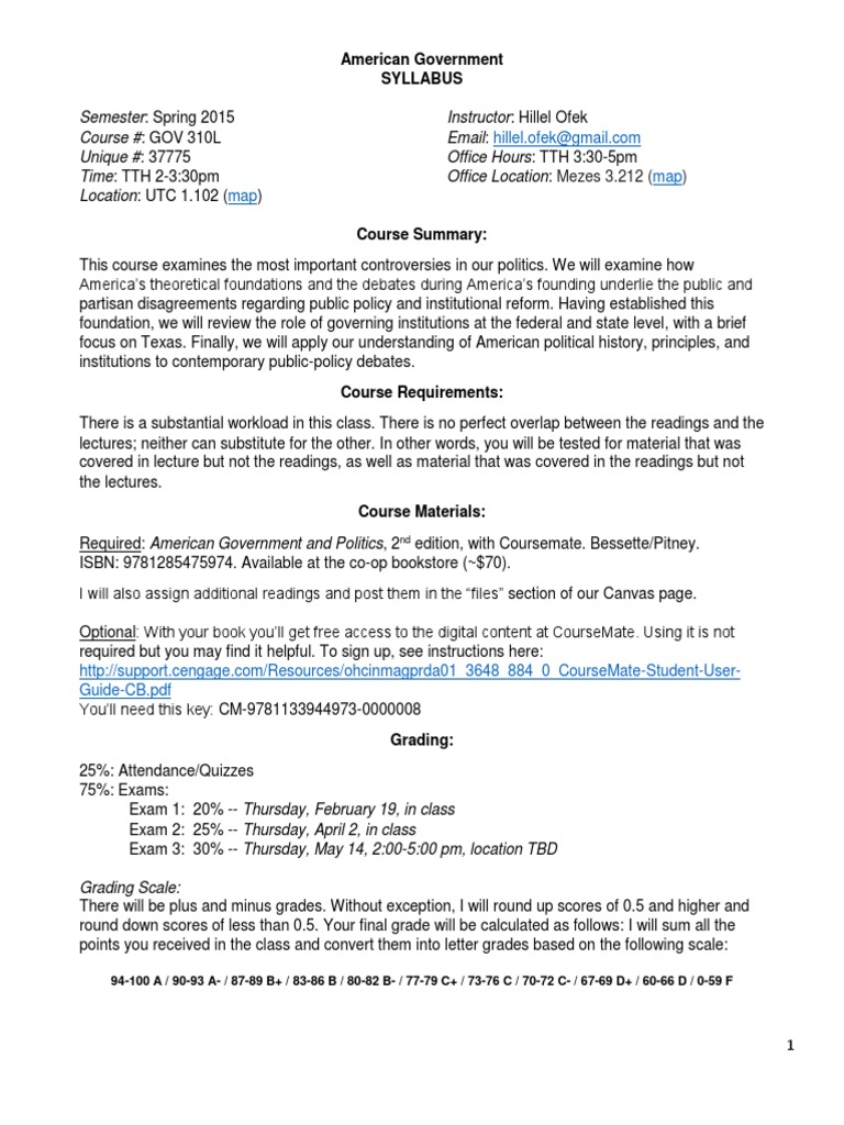 Spring 2015 GOV310 Syllabus - Hillel Ofek | PDF | Academic Dishonesty ...