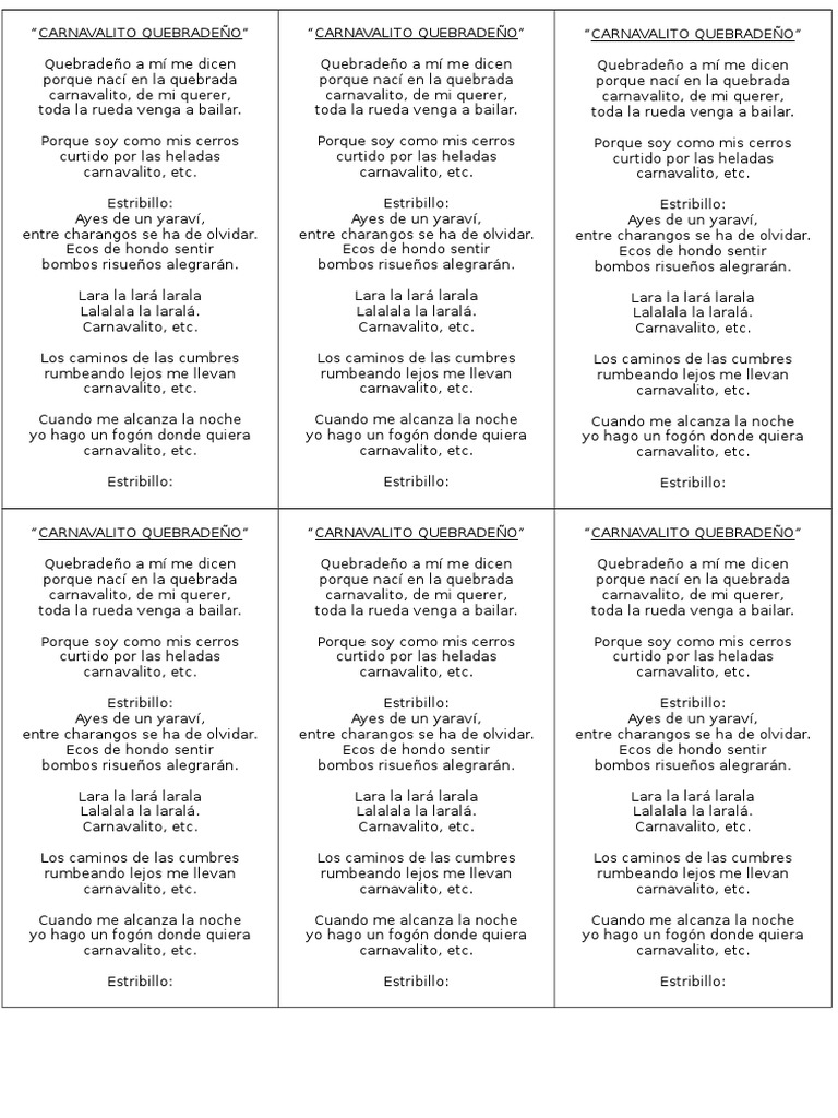 Letra del Carnavalito Quebradeño | PDF | Fiestas populares | English ...