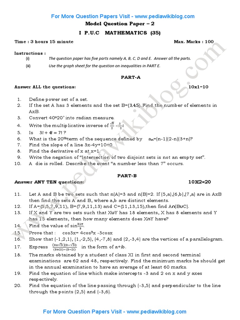 1st PUC Mathematics Model Paper 2025 | PDF | Line (Geometry) | Function ...