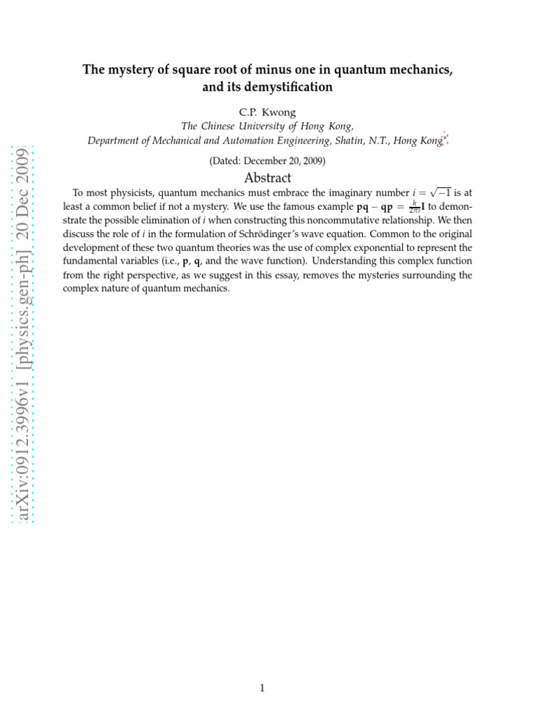 The Mystery of Square Root of Minus One in Quantum Mechanics | PDF ...