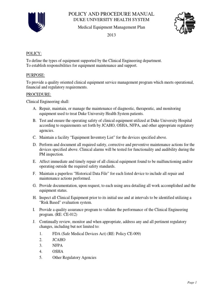 Medical Equipment Management Program | Medical Device | Risk